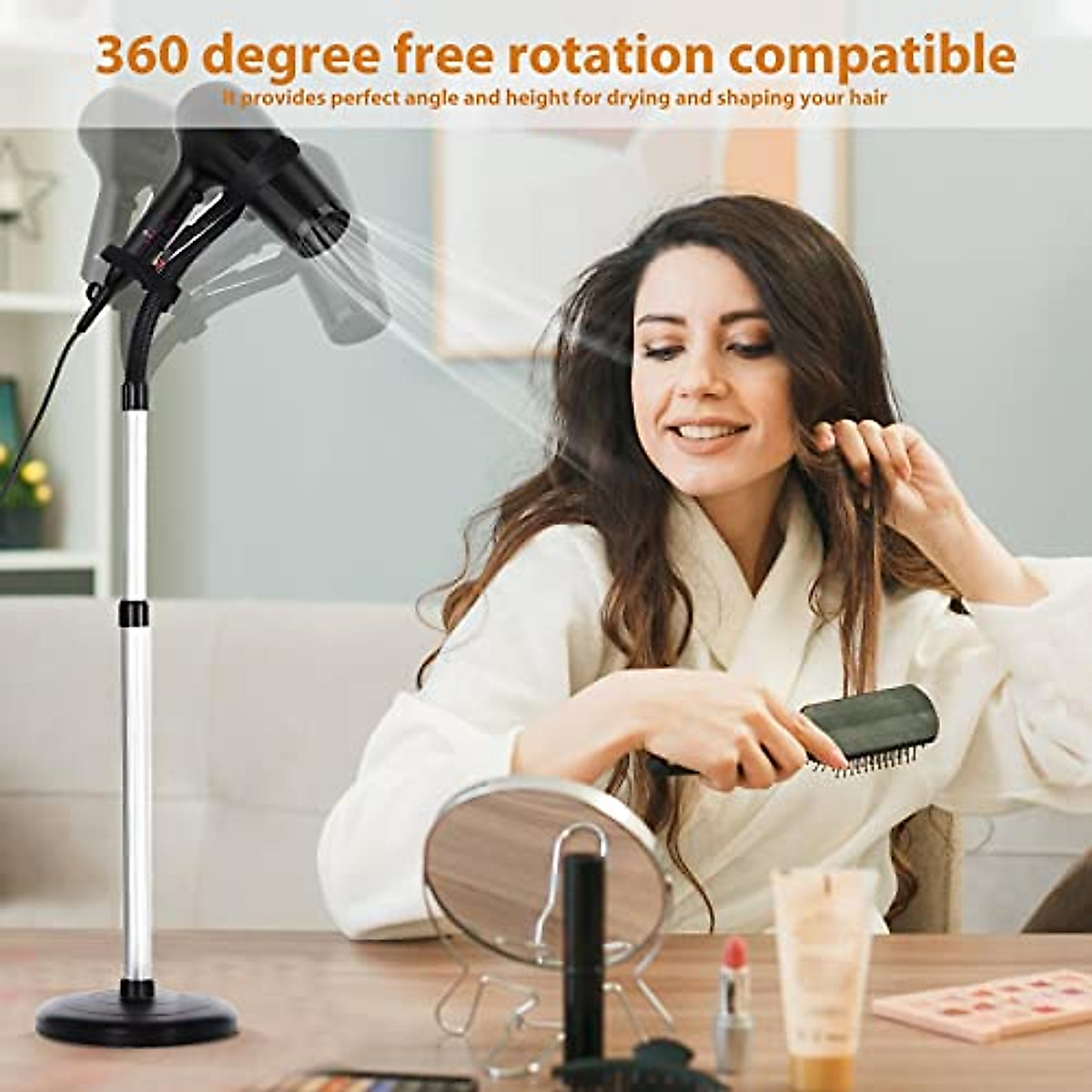 Hair Dryer Stand, Adjustable Blow Dryer Stand 360 Degree Rotating Hair Dryer Holder Hands-Free Hair Dryer Holder Countertop for Bathroom