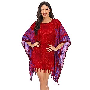 Padaleks Women's Boho Floral Silky Vintage Loose Dress Top Casual Crew Neck Baggy Kaftan Dresses Beach Cover up