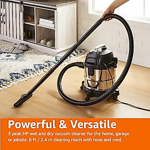 Amazon Basics Wet Dry Vacuum Cleaner, 4 gallon Shop, 3 HP Stainless Steel, Grey/Black