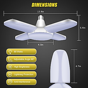 Coomoors LED Garage Lights 2 Pack, 80W LED Shop Light Adjustable 4 Foot Ceiling Light, 6500k 8000LM Deformable E26/E27 Garage Lights Ceiling Led Daylight for Shop, Basement, Workshop, High Bay Light