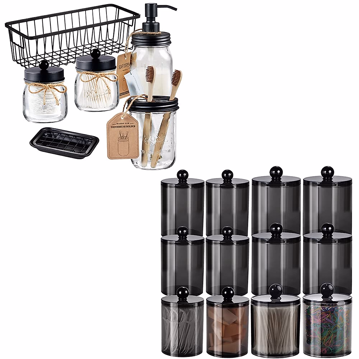 Black Premium Mason Jar Bathroom Accessories Set-Rustic Farmhouse Decor(6PCS)&12 Pack Qtip Dispenser Apothecary Jars Bathroom Set with Labels(15oz & 12oz)