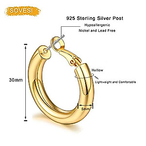 sovesi Chunky Hoop Earrings for Women with 925 Sterling Silver Post, 14K Gold Plated Thick Hoops, 30mm
