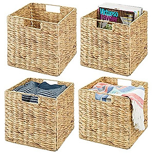 mDesign Natural Woven Hyacinth Cube Bin Basket Organizer with Handles, Storage for Bedroom, Home Office, Bathroom, Shelf and Cubby Organization, Hold Blankets, Magazines, Books, 4 Pack, Natural/Tan