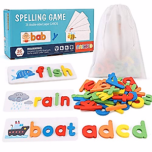 See and Spelling Learning Toy for Kids Ages 3-8, Wooden Preschool Educational Matching Letter Game Toys for Kids Boys Girls, Develops Alphabet Words Spelling Skills Letter Block (28 Cards+52 Letters)