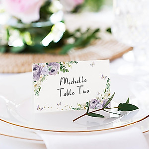Whaline 100Pcs Floral Butterfly Place Cards 2 x 3.5 Inch Watercolor Purple Flower Tented Cards Table Name Sign for Party Banquet Reception Table Setting Supplies