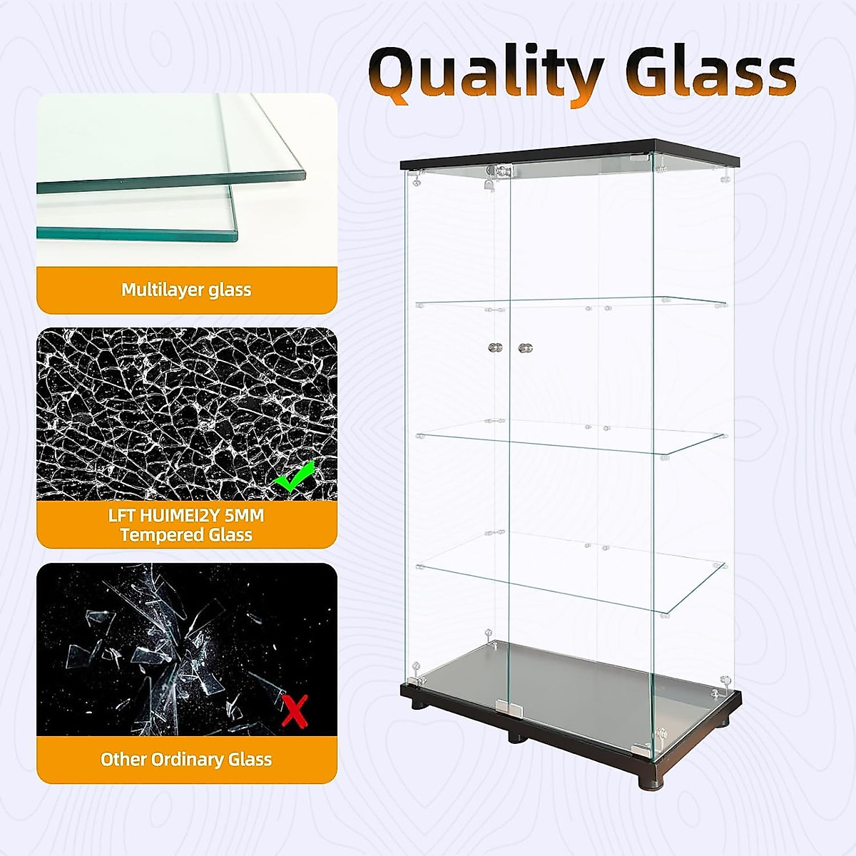 LFT HUIMEI2Y Glass Display Cabinet 4-Shelf with Double Door, Curio Cabinets Fast Installation in 30 Mins, Tempered Glass Floor Standing Bookshelf for Bedroom, Living Room 64.7”x 32”x 14.4” Black