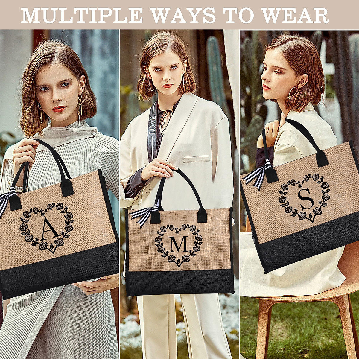 YOOLIFE Personalized Initial Jute Tote Bag, Unique Gifts for Women Beach Bag Tote Makeup Bag Large Tote Bag for Women Teacher Gifts Mom Gifts Bridesmaid Gifts Friend Birthday Gifts for Women Letter J