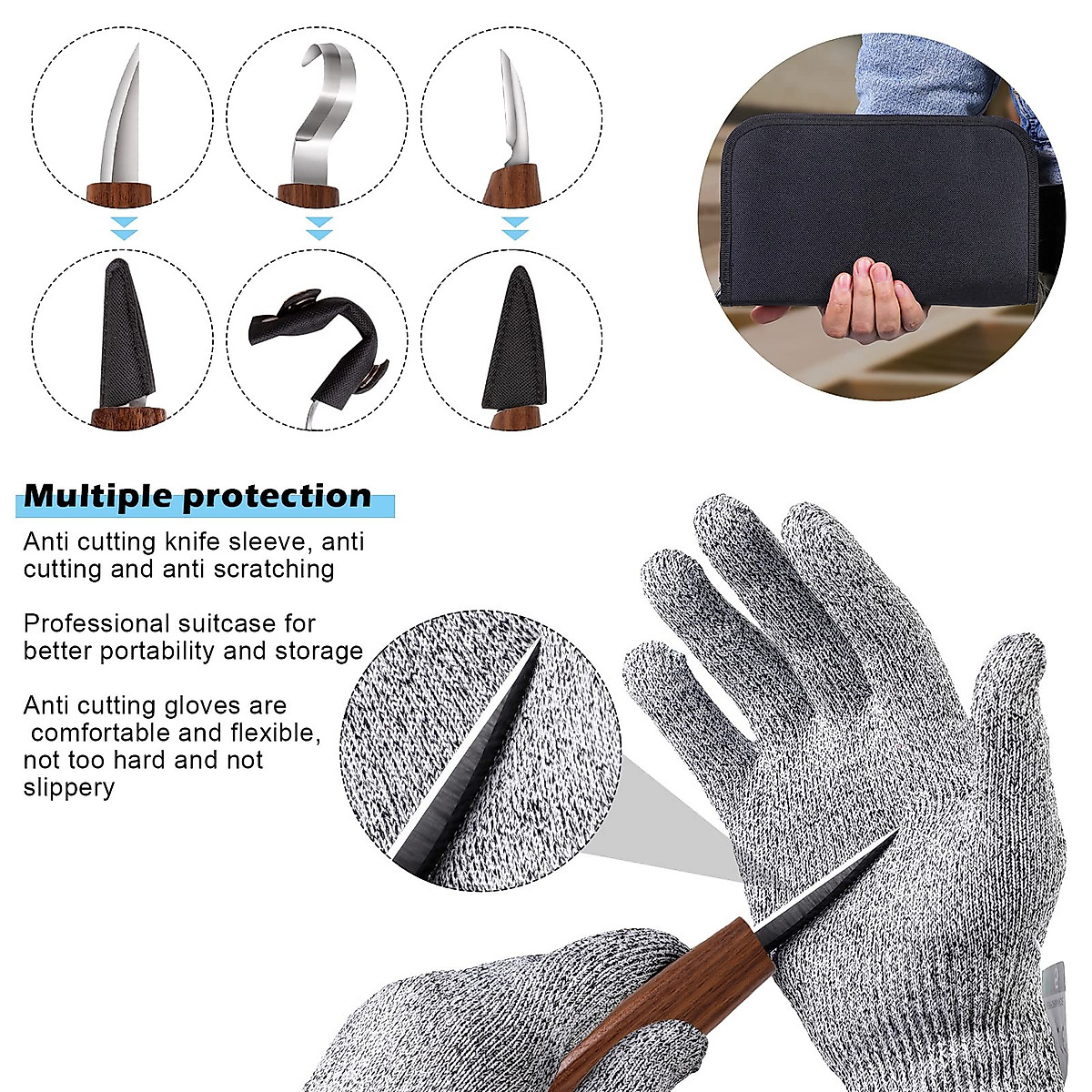 Wood Carving Tools Set,Detail and Hook Carving Knife Kit for Beginners,Trimming Knife for Spoon Bowl Cup Woodwork,Round Handle Design and 6pcs SK2 Carbon Steel Wood Carving Knives（10pcs）