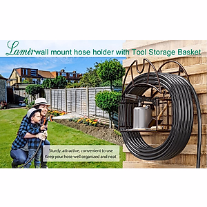 Lamir Heavy Duty Metal Water Hose Rack with Tool Basket, Brown, Outdoor Use