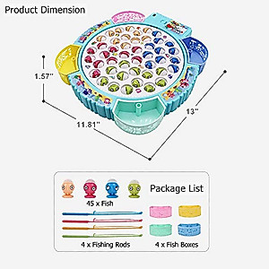 TuKIIE Fishing Game Toy Pole and Rod Fish Board Rotating with Music Includes 45 Fish and 4 Fishing Poles Fine Motor Skill Training Birthday Gifts for Children Kids Toddlers Boys Girls(Blue)