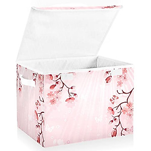 TSENQUE Cherry Blossom Foldable Storage Boxes with Lids Decorative Storage Box Container for Home Bedroom Closet Office Nursery 16.5" L x 12.6" W x 11.8" H