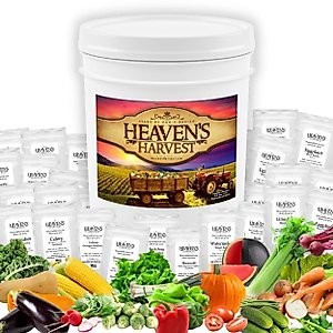 Heaven’s Harvest “10 Year Garden” Survival Seed Bank Kit | Over 25k Non GMO Heirloom Vegetable Survival Seeds + 2 Free Bonus Items: Clyde’s Garden Planner + Seed Vault Storage Drum for 10 Year Storage