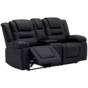 Faxu Leather Double Reclining Loveseat Sofa with Center Console, Manual Recliner Motional Couch w/Easy Pull Handles and Adjustable Footrest, 2-Seater Wall Hug Sofa & Couch Home Theater Seating