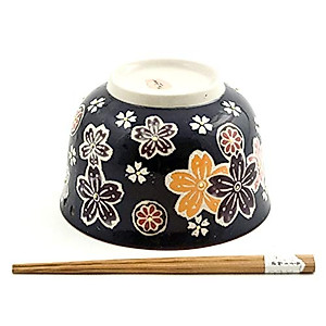 Hinomaru Collection Multi Purpose Ramen Udon Soba Pho Noodle Donburi Rice Tayo Bowl with Chopsticks Gift Set 6.25 Inch Diameter (Floral Stamp)