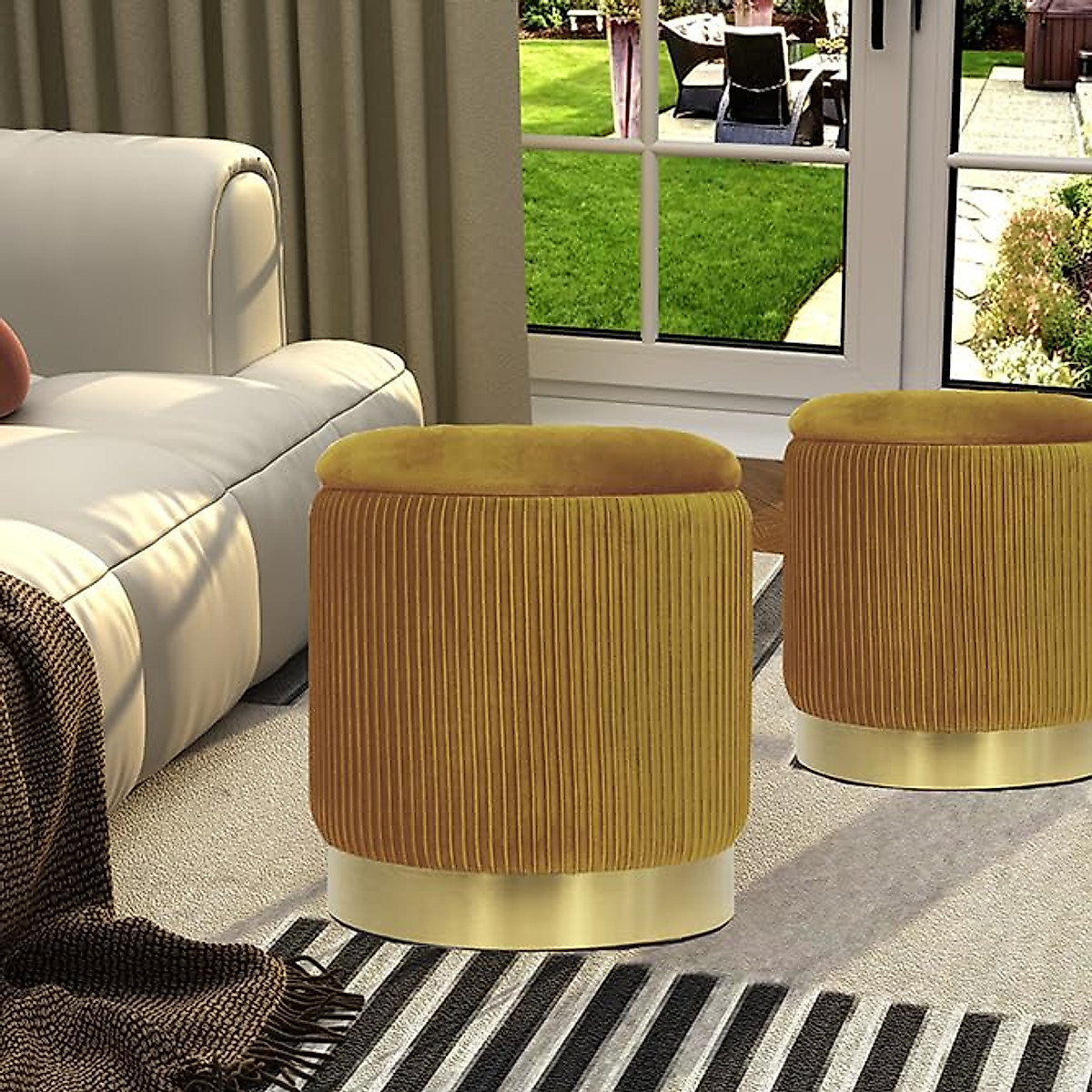 YYW HOME Round Ottoman with Storage - Yellow Storage Ottoman for Living Room, Round Storage Ottoman for Kids Room,Dorm Ottoman with Storage, Vanity Chair for Bedroom,Set of 2 Velvet Ottoman