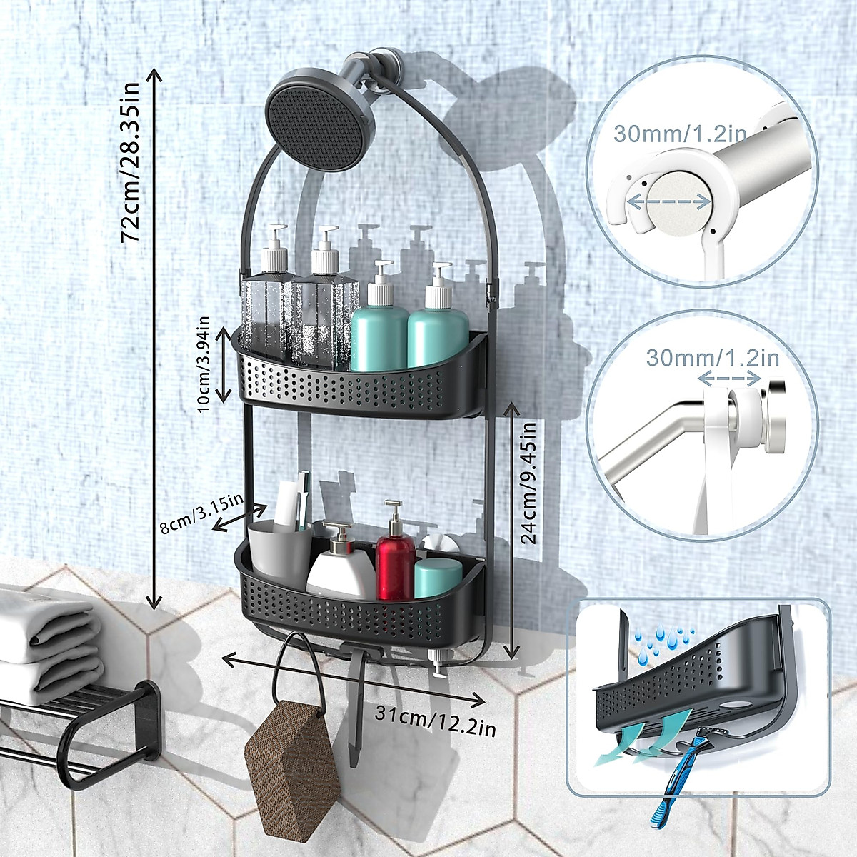EMT ETRENDS Shower Caddy Hanging, Anti-Swing Over Head Shower Caddy Rustproof, Over the Door, Plastic Bathroom Organizer, Multiple Hanging Modes Shelf with Hooks and Suction Cups, Matte Grey