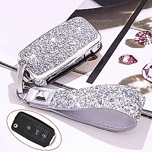 Royalfox(TM) 3 Buttons 3D Bling flip Folding Remote Key Fob case Cover for VW Volkswagen Jetta GTI Passat Golf Tiguan Touareg Beetle Multivan Sagitar Passat Accessories,with Keychain (Silver)