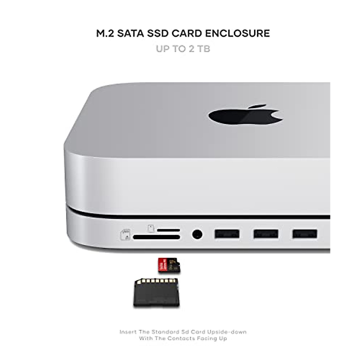 SATECHI Mac Mini Hub & Type-C Stand with SSD Enclosure – Mac Mini Stand - Fits M.2 SATA SSD, USB-C Data Port, Micro/SD Card Readers, USB-A, Headphone Jack Port – for Mac Studio, Mac Mini M1 (Silver)