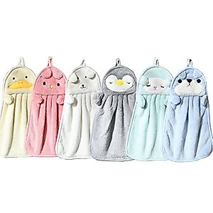 TRYTUTRY 6 Packs Cute Kids Hand Towels with Hanging Loop, Soft Toddlers Hanging Hand Towels, Absorbent Hanging Towels for Bathroom, Kitchen, Home