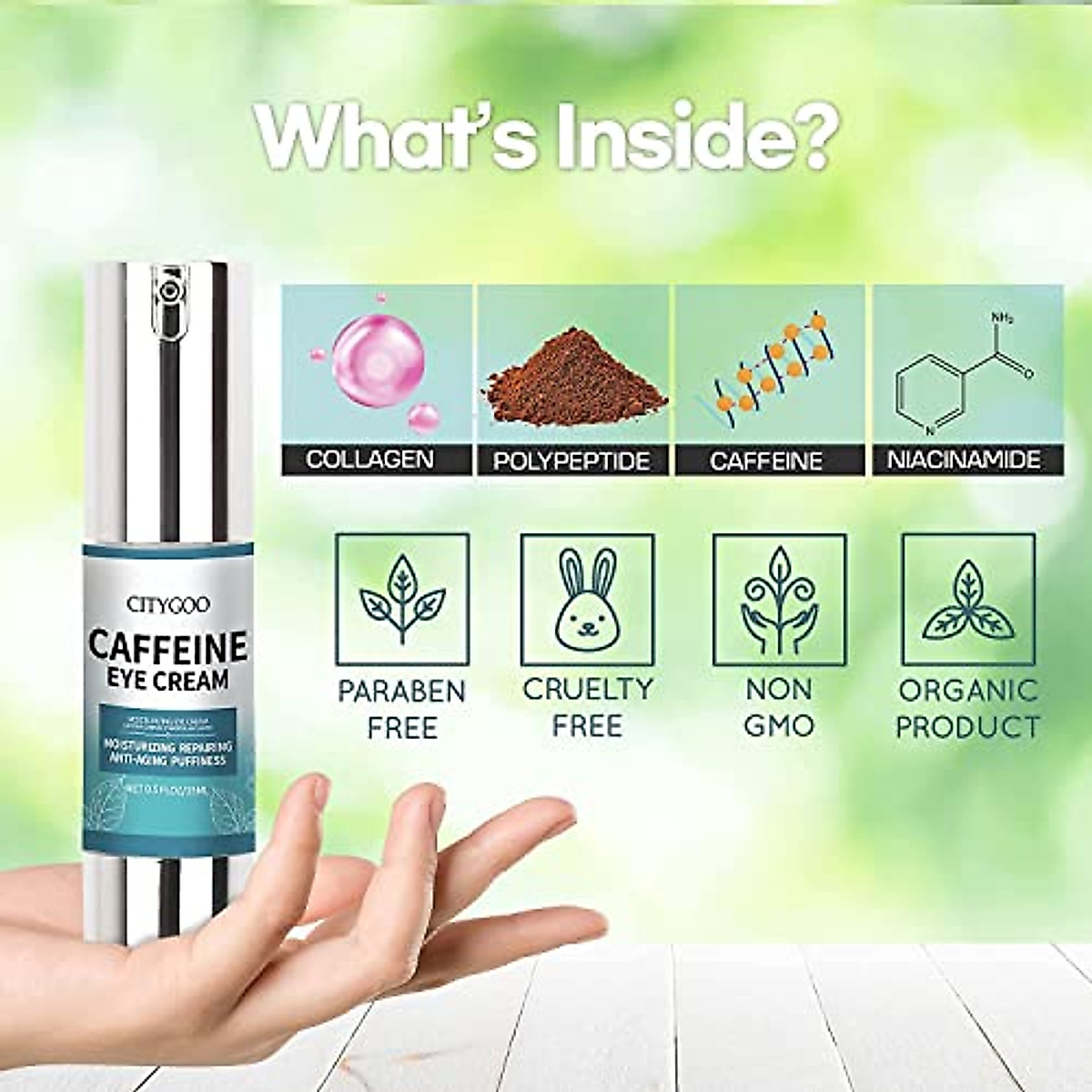 CITYGOO Caffeine Eye Cream,Eye Cream Anti Aging,Eye Cream With Collagen, Caffeine, Polypeptide - For Wrinkles, Fine Lines, Under Eye, Bags, Crows Feet Eye Lift Treatment For Men & Women…