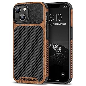 TENDLIN Compatible with iPhone 14 Plus Case Wood Grain with Carbon Fiber Texture Design Leather Hybrid Slim Case Black