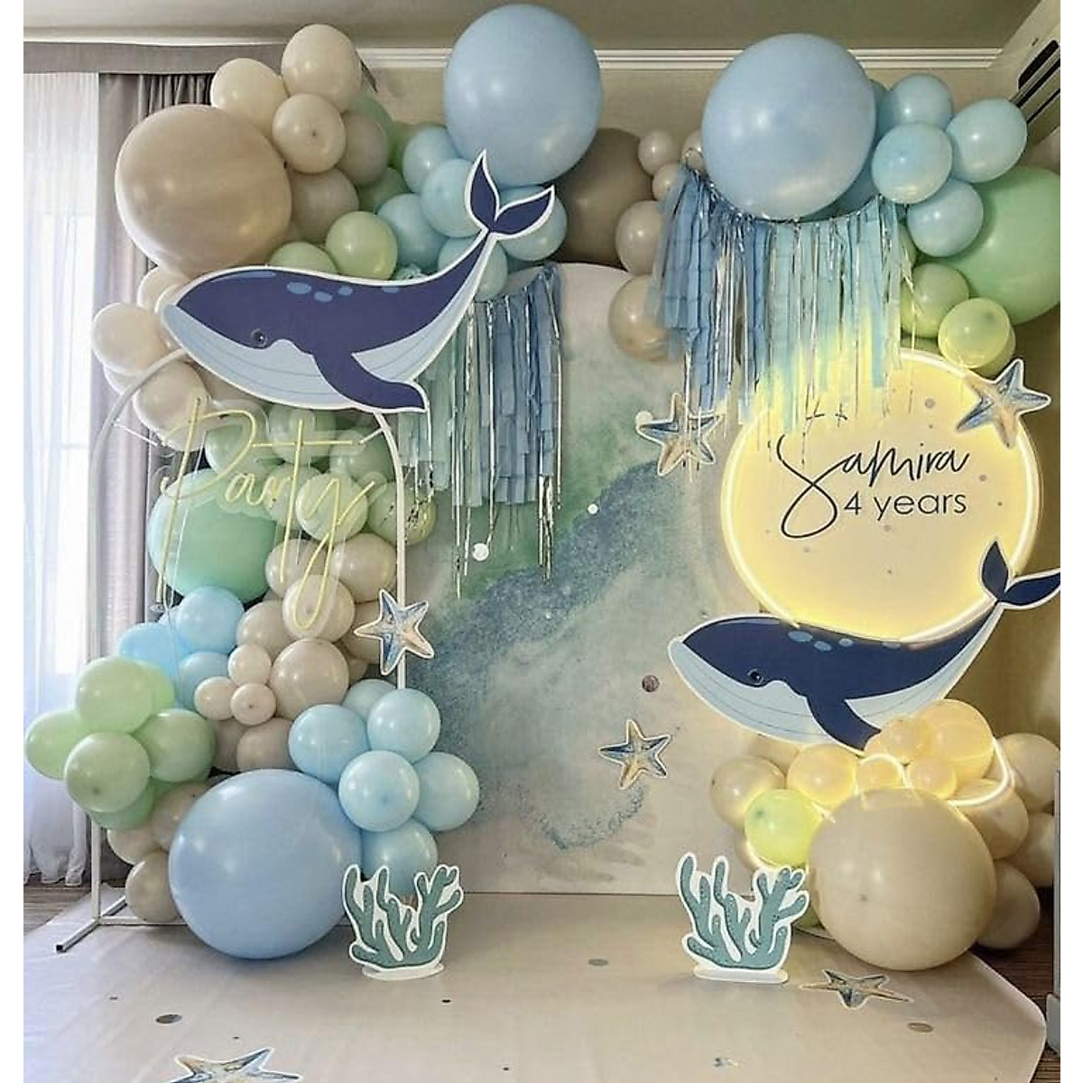 The Big One Balloon Garland Arch Kit, 147 pcs Haze Fog Blue Pastel Green and Apricot Balloons for Beach Party Boho Bridal Surf Theme First Birthday On Board Woodland Baby Shower Supplies (Blue)
