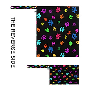 AUUXVA Colorful Dog Cat Paw Print Wet Dry Bag Set Waterproof Reusable Baby Diaper Bags Organizer with Two Zippered Pockets for Travel Beach Swimming Swimsuit Wet Clothes 2 Pack