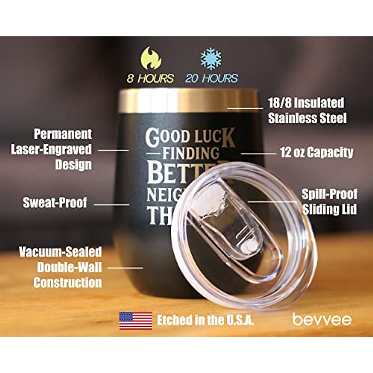 Good Luck Finding Better Neighbors Than Us - Wine Tumbler Glass with Sliding Lid - Stainless Steel Insulated Mug - Funny Moving Away Gifts for Neighbor - Black