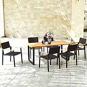 Tangkula 7 Pieces Outdoor Dining Set, Patented Patio Furniture Set w/Large Rectangle Acacia Wood Table Top, Rattan Chairs with Steel Frame, Umbrella Hole, for Backyard Garden