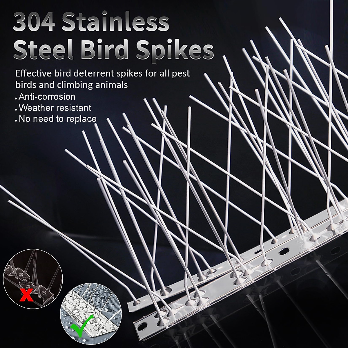 REMIAWY Bird Spikes for Pigeons Small Birds, Bird Deterrent Spikes for Outside to Keep Birds Squirrel Cat Away, Stainless Steel Anti Bird Repellent Spikes 5 Strips 4 Feet