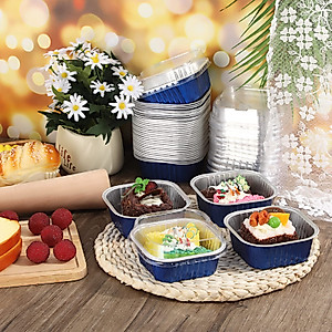 50 Pcs Aluminum Foil Baking Cups with Lids 10 oz Square Baking Cups Disposable Ramekins with Lids for Flans Snacks Pudding Pan Tin Wedding Catering Party Favor (Royal Blue)