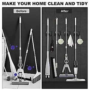 Drek Crek Mop Broom Holder Wall Mounted Heavy Duty No Drill, Adhesive Mop Broom Organizer, 304 Stainless Steel Mop Hanger Wall Mount Stick on w Hooks for Bathroom,Kitchen,Closet,Garage,Garden, 4PCS