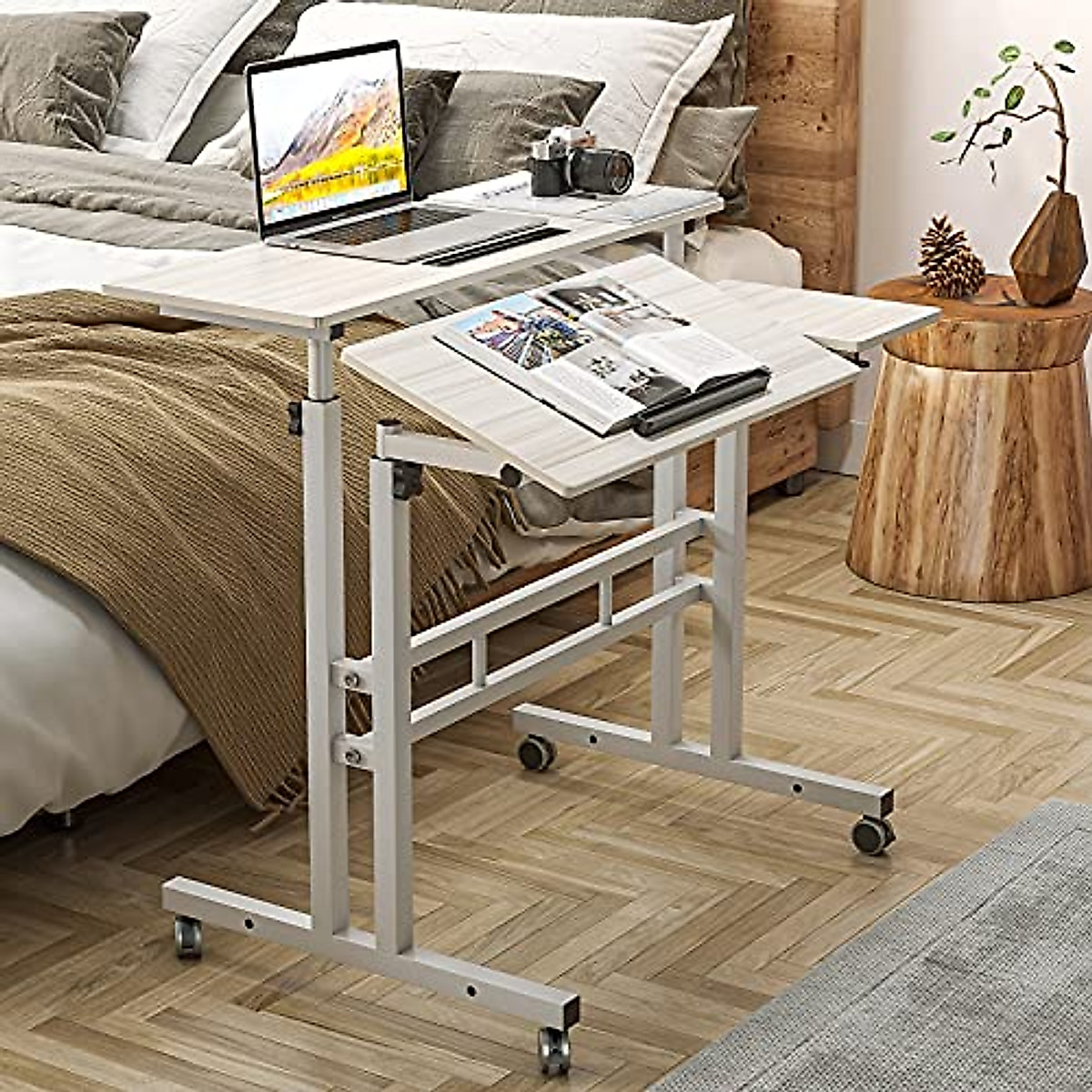 DlandHome Adjustable Rolling Desk Standing Desk, Sit-Stand Desk Cart Mobile Computer Desk Stand Up Desk Office Desk Riser Standing Table Workstation Mobile Desk, Maple