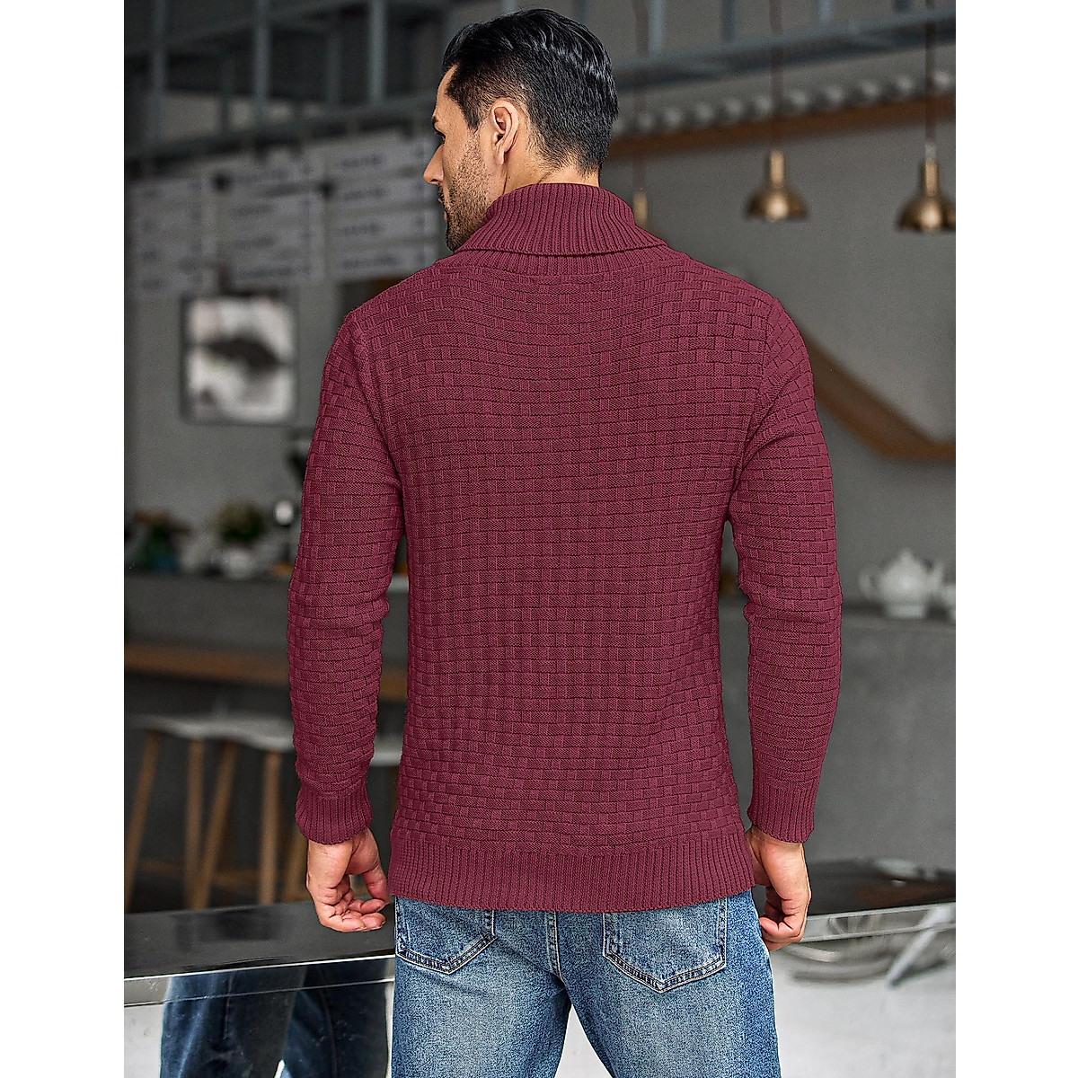COOFANDY Men's Shawl Collar Sweaters V-Neck Relaxed Fit Basket Knitted Pullovers Wine Red