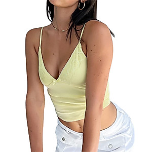 Women Sexy Low Cut Tank Top Ruched Bandage Camisloe Side Split Mini Y2k Tops Cropped Bustier Vest Going Out Yellow