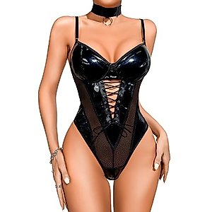 Kaei&Shi Rave Bodysuit Corset For Women,Leather Bodysuits Fishnet Body Suit Suits Plunge Deep V Lingerie Womens,Corsets Sexy Tops Top Bottle Girl,Latex Dominatrice Outfits Bdsm Black Large