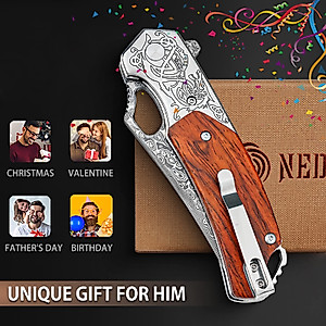 NedFoss Damascus Pocket Knives for Men, Handmade Forged VG10 Damascus Steel Folding Knife with Leather Sheath, Sandalwood Handle, Pocket Clip, Cool Knives Gifts for Men EDC (PTEROSAUR)