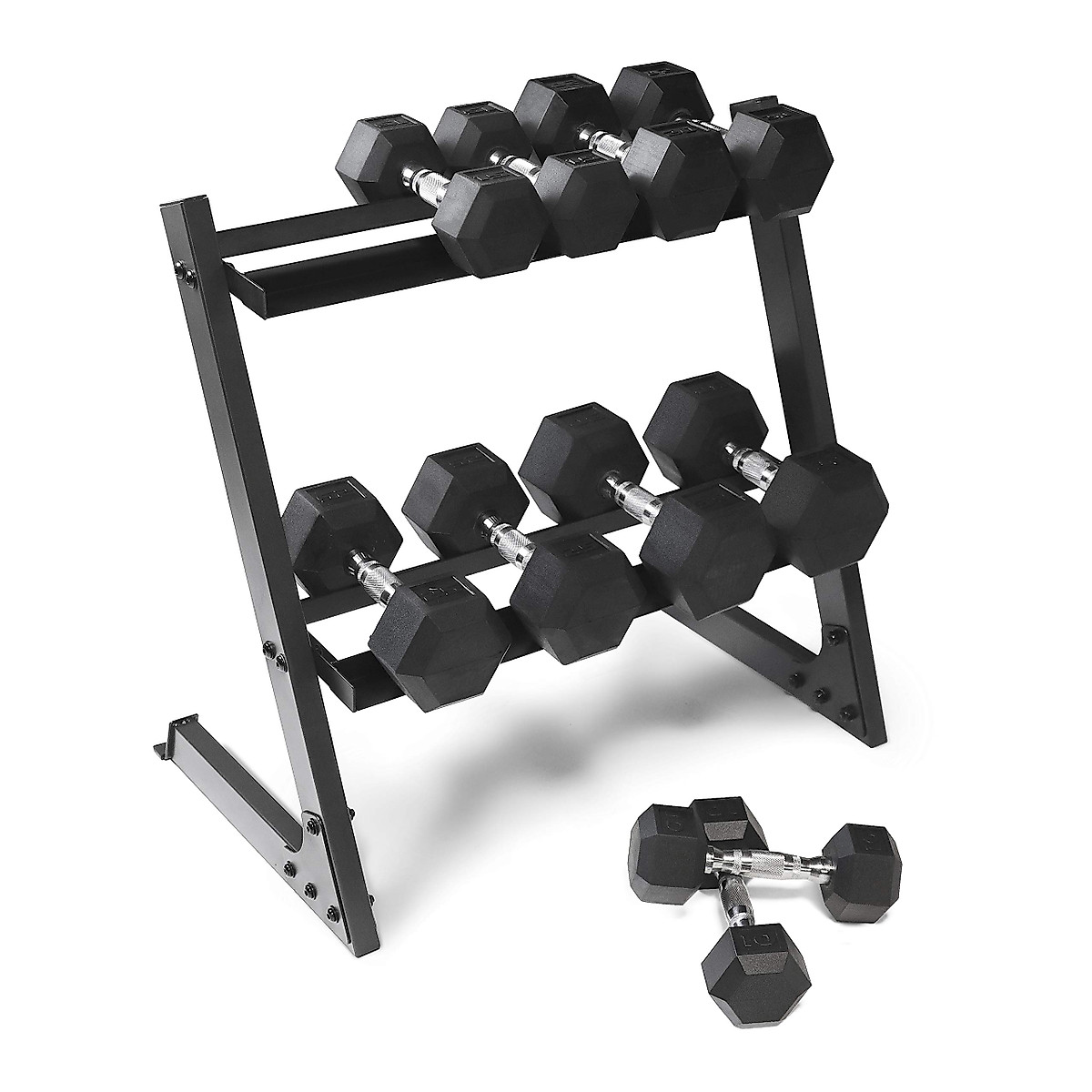 WF Athletic Supply Rubber Coated Hex Dumbbell Set Non-Slip Hex Shape for Muscle Toning, Strength Building, Weight Loss - Multiple Choices Available (d. 200LB Dumbbells Set with Two Tier Storage Rack)