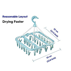 Rivama Clothes Drying Hanger with 32 Clips,Baby Clothes Drying Rack,Sock Clips for Laundry Foldable Clothes Hangers for Drying Socks,Towels,Underwear,Bras,Diapers,Baby Clothes,Gloves,Hat (Light Blue)