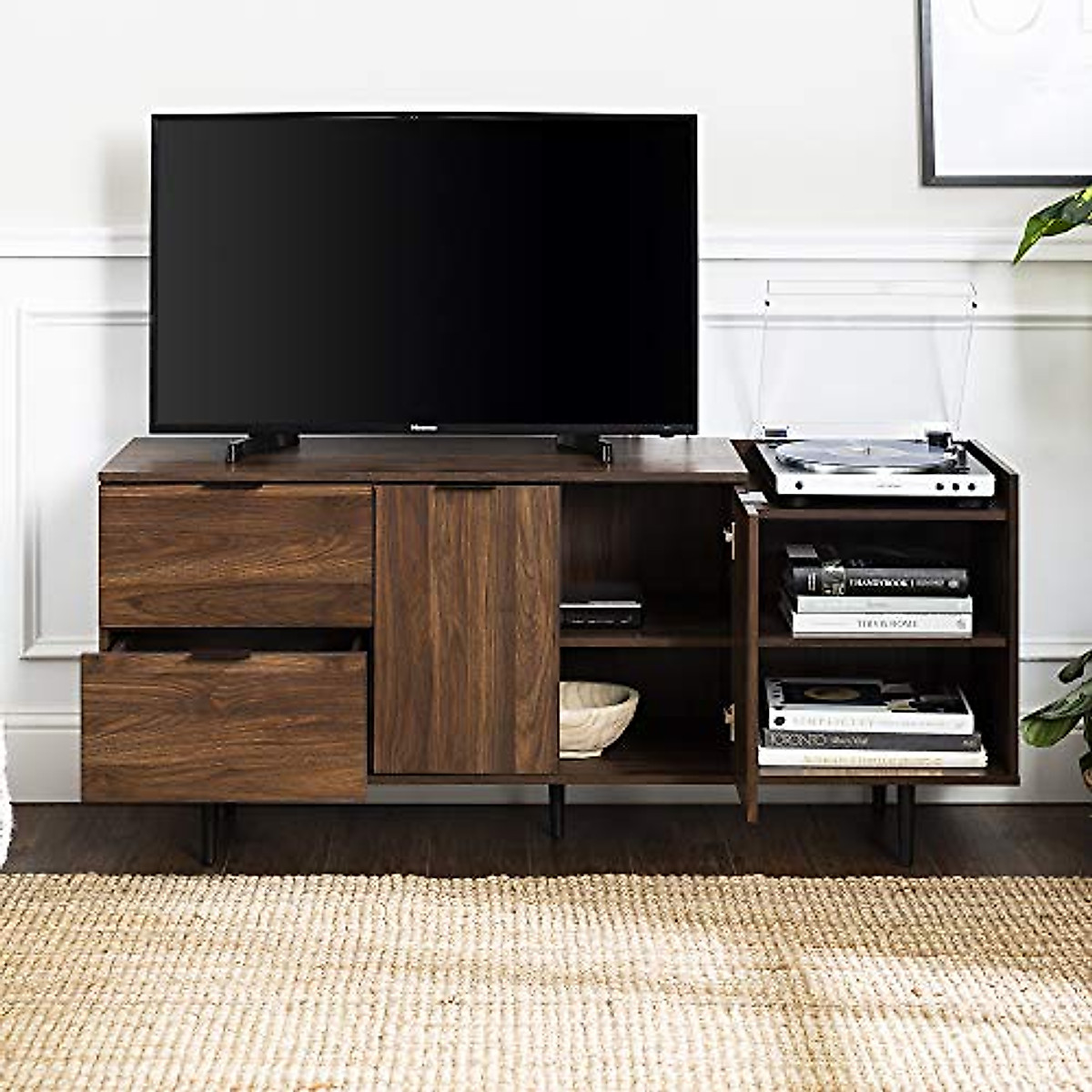 Walker Edison Modern Wood TV Stand with Cabinet Doors and Drawers for TV's up to 65" Flat Screen Universal TV Console Living Room Storage Shelves Entertainment Center, 58 Inch, Dark Walnut