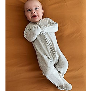 Aablexema Baby Footie Pajamas with Mitten Cuffs, Double Zipper Infant Cotton Onesie Sleeper Pjs, Footed Sleep Play (0-3m, Ivory & Grey & Blue)