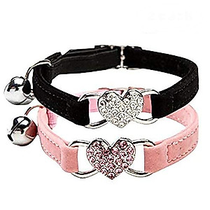 CHUKCHI Pink Soft Velvet Safe Cat Adjustable Collar with Crystal Heart Charm and Bells 8-11 Inches(Black+Pink)
