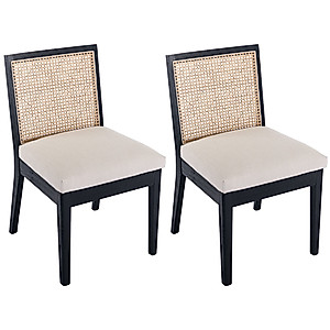 VESCASA Upholstered Dining Chairs with Square Rattan Back, Armless Padded Linen Cushion Dining Chairs with Wood Legs for Dining Room, Kitchen, Set of 2, Black Frame