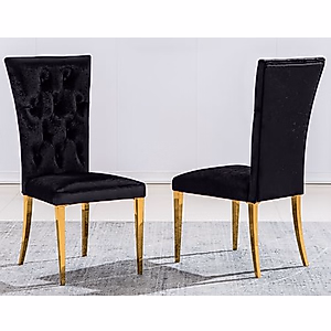 AZhome Dining Chairs, Black Velvet Upholstered Dining Room Chairs in Tufted Design, Modern Glam Gold Stainless Steel Legs, Set of 2