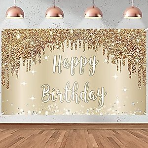 Gold White Happy Birthday Banner Decorations for Women Girls, Gold Glitter Happy Birthday Backdrop Party Supplies, 16th 18th 21st 30th 40th 50th 60th Birthday Background Poster Decor(72.8 x 43.3 Inch)