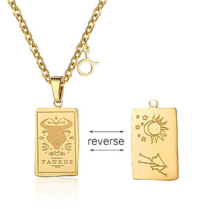 Zodiac Sign Necklace for Women 18K Gold Plated Stainless Steel Chain 20+2 inch Double Sided Constellation Tarot Card Pendant Waterproof Non Tarnish Friendship Jewelry Birthday Gift(Taurus)