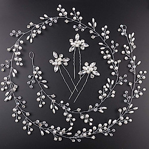 Deniferymakeup Bridal Rose Gold and Gold Silver Extra Long Pearl and Crystal Beads Bridal Hair Vine Wedding Head Piece Bridal Hair Accessories Headband Hair Jewelry Hair Accessories (Silver)