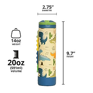 Elemental Iconic Kids Water Bottle with Straw Lid & Stress Reliever Pop It Handle, Leak-Proof When Closed, Triple Insulated Stainless Steel Reusable Thermos Water Bottle, 20oz - Dinosaur