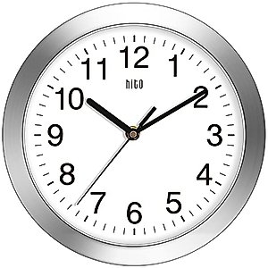 HITO 10 Inch Silent Wall Clock Battery Operated Non Ticking Glass Cover Silver Aluminum Frame, for Kitchen, Bedroom, Home Office, Living Room Decor
