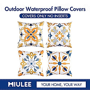 MIULEE Outdoor Waterproof Throw Pillow Covers Set of 4 Boho Floral Pattern Farmhouse Luxury Decorative Square Pillowcases for Chair Patio Garden Couch Tent Balcony Sofa 18x18 Inch Blue and Orange